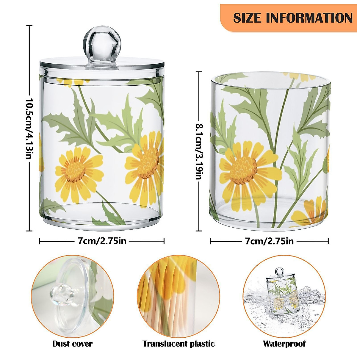 Tatenale Qtip Holder Bathroom Set Q tip Cotton Ball Swab Pad Dispenser Container Organizer Plastic Jars with Lids Storage 2Pack Yellow Daisy Floral