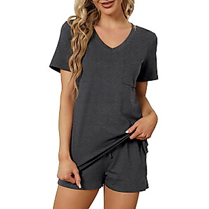 RUBZOOF Pajamas for Women Shorts Set Casual V Neck Short Sleeve Summer 2 Piece Lounge Sets Dark Grey M