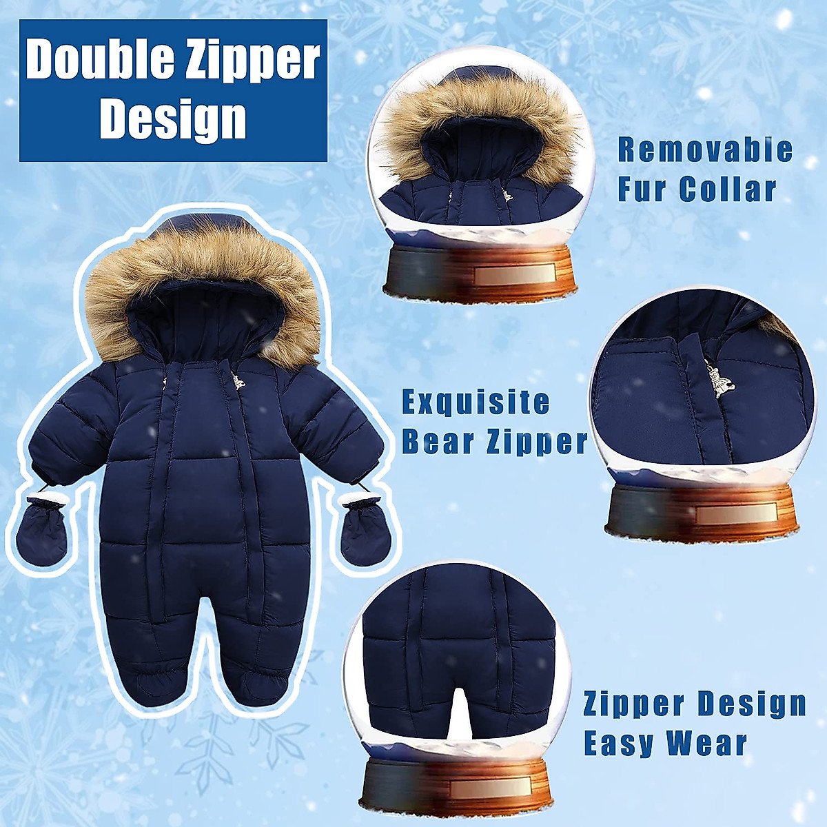 Fairy Baby Infant Baby Winter Snowsuit Coat Romper Hooded Double Zipper Fur Collar Warm Jumpsuit for Boys Girls 6-9 Monthes