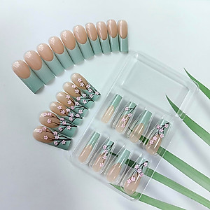 French Tip Press on Nails Coffin Green Fake Nails with Cherry Blossom or Arizona Tea Peach Blossom and Tree Branch Decoration Designs 3D Flower Gems Glossy Square Long Acrylic Nails Press on for Women