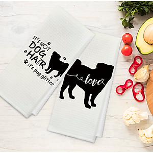 It's Not Dog Hair It's Pug Glitter Absorbent Kitchen Towels And Dishcloths 16×24 Inches Set Of 2,Funny Pug Silhouette Hand Towel Dish Towel Tea Towel For Kitchen Bathroom Decor,Dog Lovers Girls Gifts