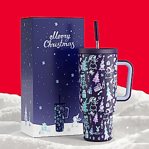 Meoky 40 oz Christmas Tumbler with Handle and Straw, Xmas Tumbler with Lid and Straw, Insulated Stainless Steel Travel Mug, 100% Leak-proof, Keeps Cold for 34 Hours (Christmas Tree)