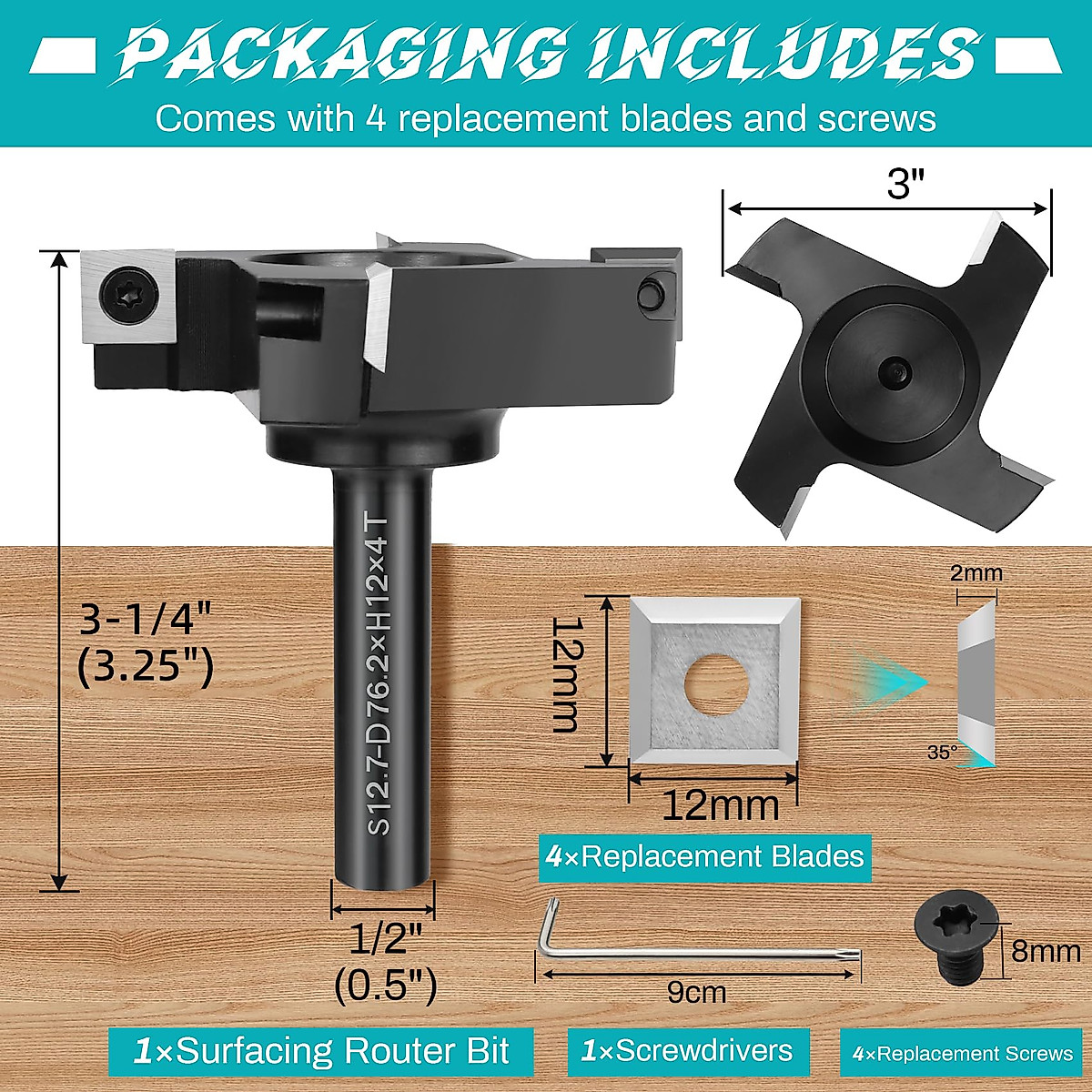 Chaoos CNC Spoilboard Surfacing Router Bit, 1/2" Shank 3" Cutting Diameter 4 Wing, Slab Flattening Router Bit Planing Bit Wood Planer Bit Woodworking Tools, 4 Additional Carbide Inserts
