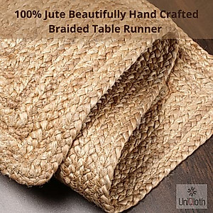 UniQloth Farmhouse Jute Burlap Braided Table Runner 36 Inches Long - 13x36 Natural Jute Braided Table Runner 100% Jute Hand Crafted Rustic Vintage Dining Table Runner Natural