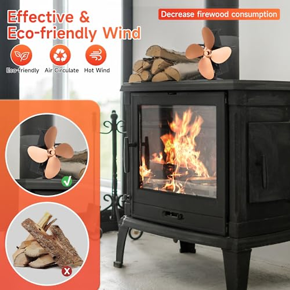Kiriner Wood Stove Fan, 4 Blades Heat Powered Fireplace Fans for Wood/Log Burner/Fireplace, Quiet, Eco-Friendly Black Stove Fans, Circulating Warm Air Saving Fuel