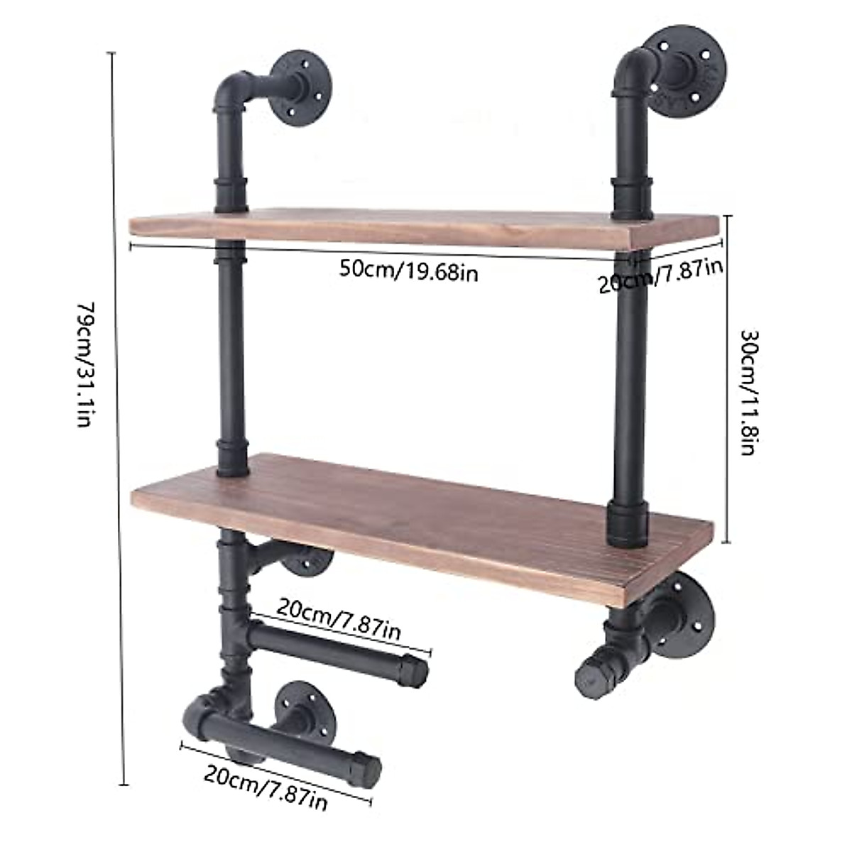 VPABES 2-Shelf Wall Floating Shelf Unit, Rustic Industrial Pipe Wooden Storage Shelving Bathroom Shelves Wall Mounted with 2 Towel Bars Hanging Shelf for Living Room, Bathroom, Bedroom