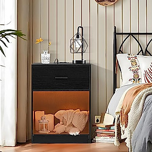 Quimoo Nightstand Set of 2 with Charging Station and LED Light, Bedside Table with 1 Drawer, Modern Nightstand with 1 Open Storage Space for Bedroom, Black