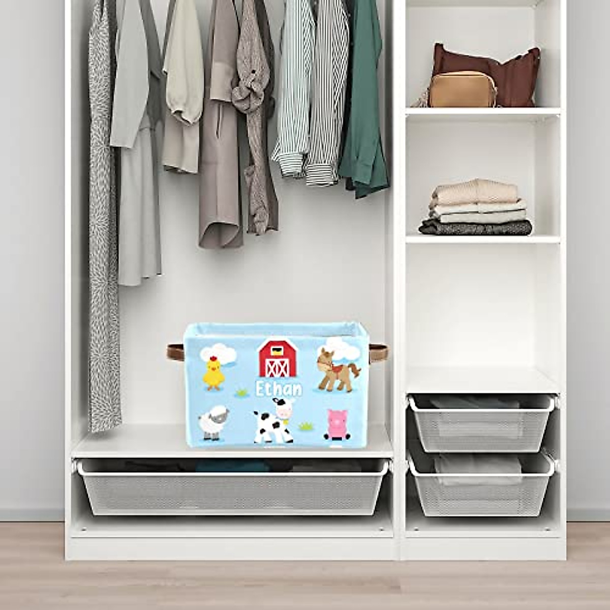 Deven Farm Animal Blue Personalized Large Storage Baskets for Organizing Shelves with Handle,Closet Decorative Storage Bins for Bathroom,Nursery,Home 1 Pack