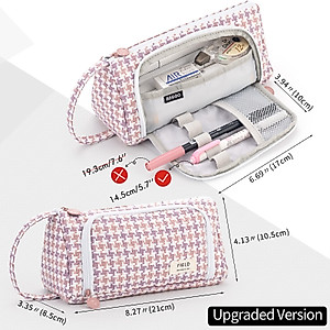 EASTHILL Big Capacity Pencil Case Canvas High Large Storage Pouch Marker Pen Case Simple Stationery Bag School College Office Organizer for Teens Girls Adults Student-Plaid Pink