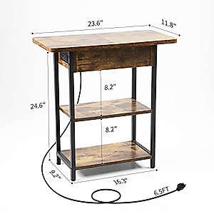 End Table with Charging Station, Narrow Side Table with USB Ports and Outlets, Flip Top Nightstand / Bedside Table / Sofa Couch Table for Small Spaces / Slim End Table for Living Room Bedroom Office