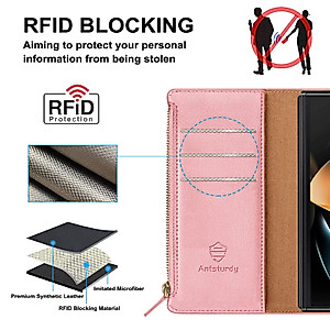 Antsturdy for Samsung Galaxy Z Fold 4 Wallet Case [RFID Blocking] [Zipper Poket] PU Leather Flip Folio Protective Cover with Slots Magnetic Credit Card Holder Kickstand Men Women,Rose Gold