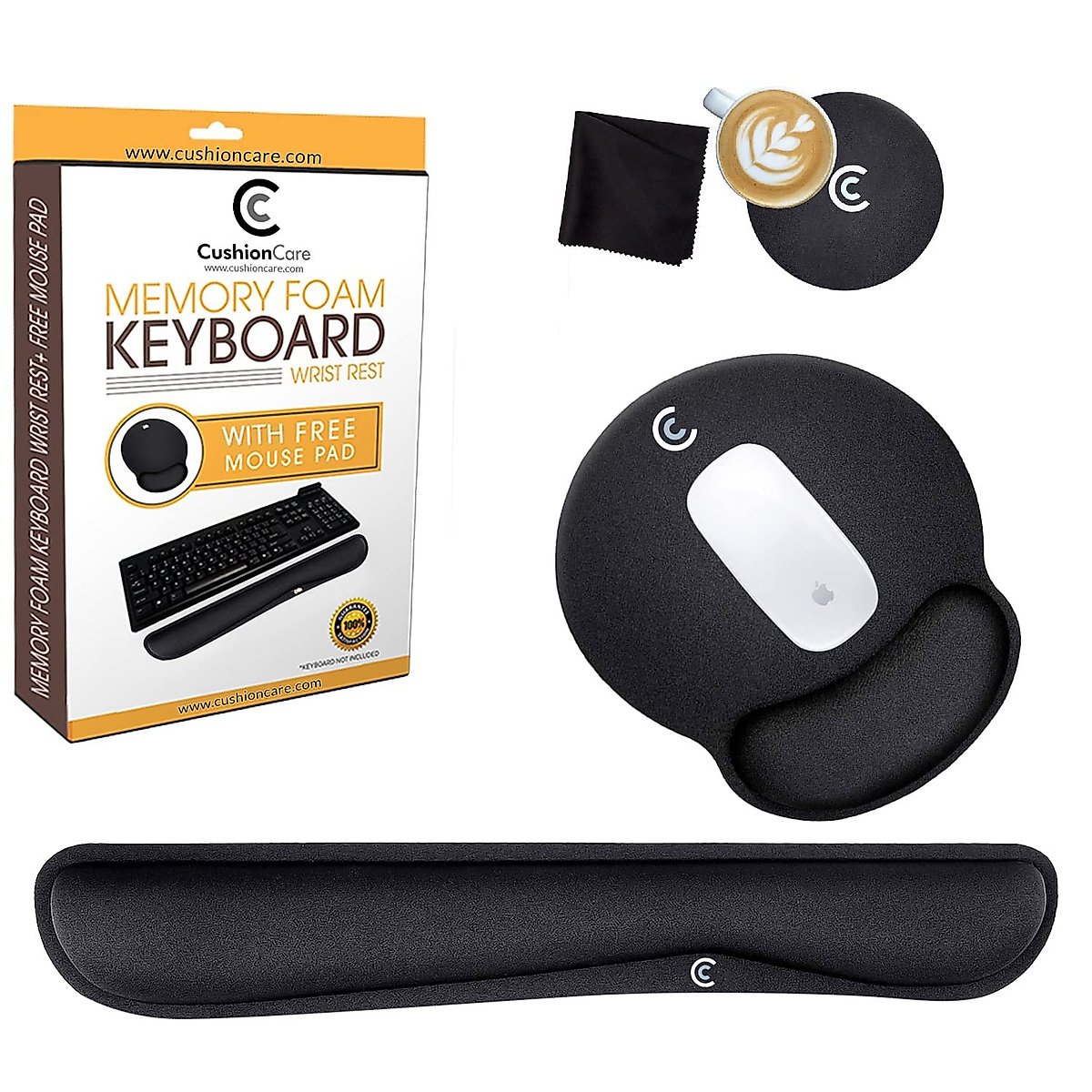 4pc Wrist Rests for Keyboard and Mouse Pad Set - Memory Foam Cushion, Black - Ergonomic Wrists Hand Arm Rest Support for Laptop Computer Desk and Gaming - Carpal Tunnel Syndrome Relief