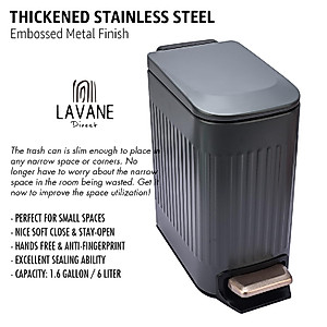 La Vane 6 Liter / 1.6 Gallon Slim Bathroom Trash Can with Lid Soft Close, Stainless Steel Small Grey Garbage Can with Removable Inner Bucket & Step Pedal for Toilet Kitchen Laundry Bedroom Hotel