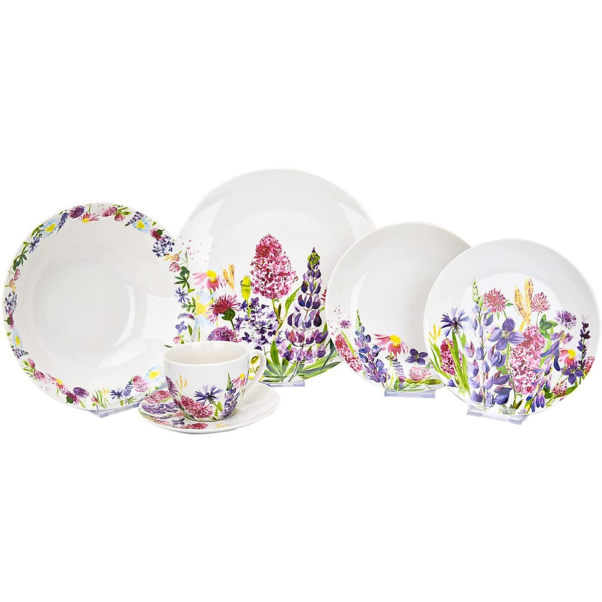 STP Porcelain J-217520 Dinnerware Set for 4, Lavender Fields, Bone China Porcelain, Dinner Plates, Bowls, Dessert Plates, Cups with Saucer, 20 pcs