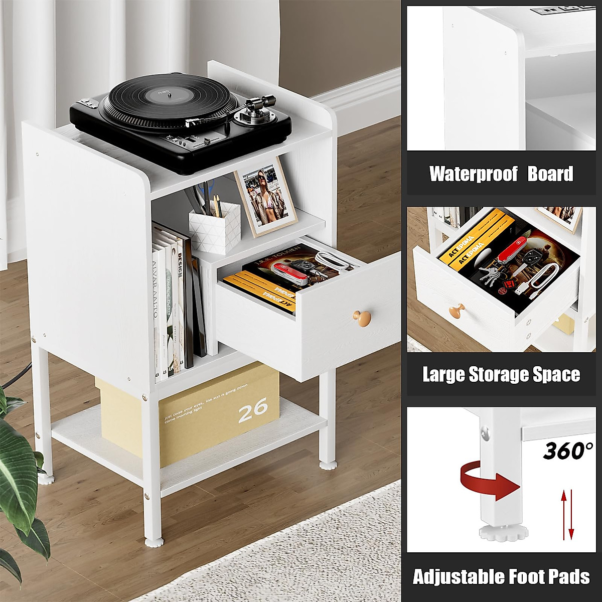 Gannyfer Nightstand with Charging Station,Night Stand with USB Ports and Storage Drawer,Modern 3-Tier End Side Table,Small Wood Bedside Table for Bedroom,Living Room,White