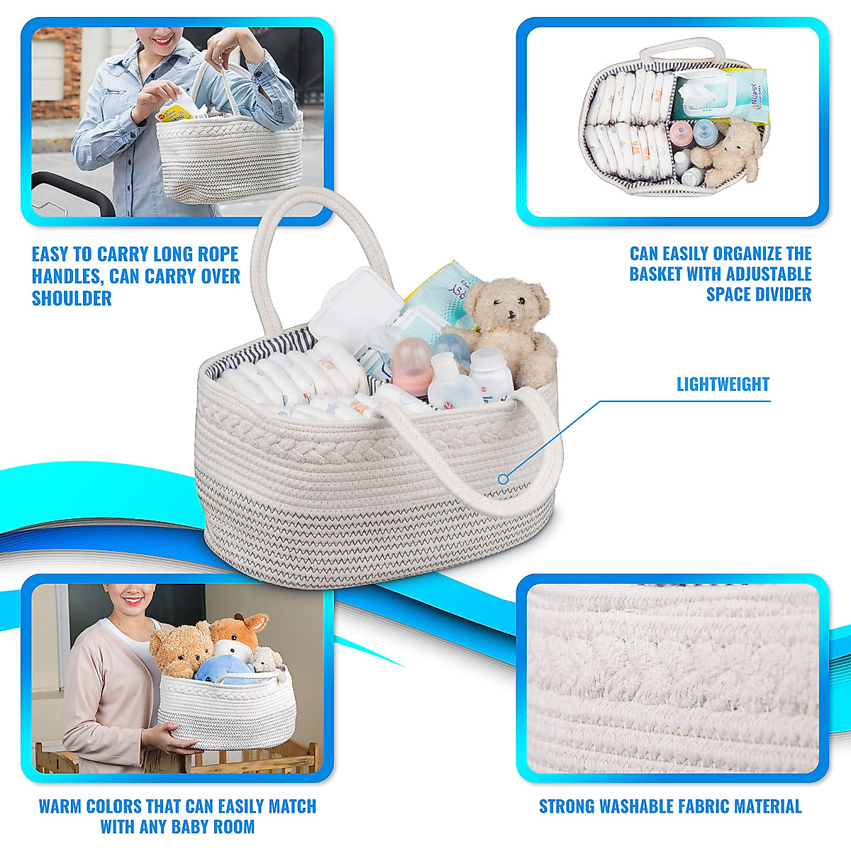 Baby Basket - Jeneric Design?s Woven Rope Portable Light Weight White Nursery Caddy Basket with Handles for Storage and Organization of Diapers, Toys, Baby Laundry Clothes, Towels, Blankets