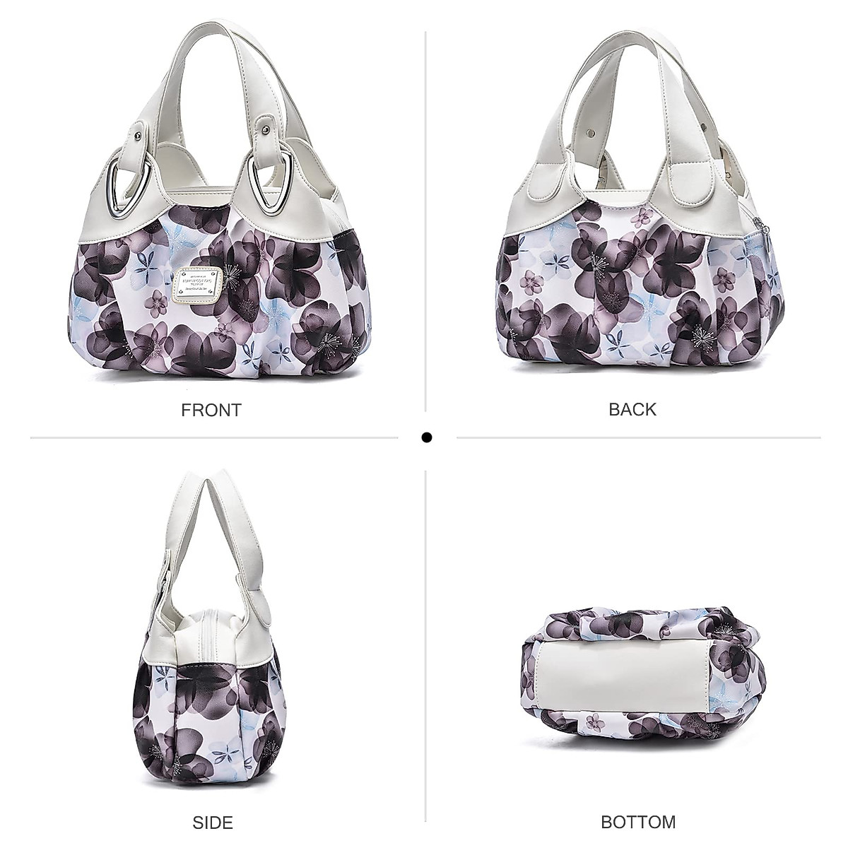 NICOLE & DORIS Ladies Fashion Handbags Elegant Top-handle Bags for Women Floral Shoulder Bags PU Leather Travel Handbag Tote White Handle/Pink Flower