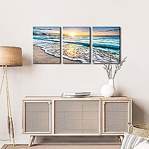 Wieco Art 3 Panel Blue Beach Canvas Wall Art for Home Decor Sunset White Wave Beach Pictures on Canvas Sea View Canvas Prints Artwork for Wall Decor Living Room Decorations