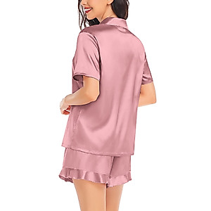 SWOMOG Women's Silk Satin Pajamas Set Short Sleeve Button Down Sleepwear Ruffle Hem Shorts PJ Sets Two-Piece Bride Loungewear Misty Rose