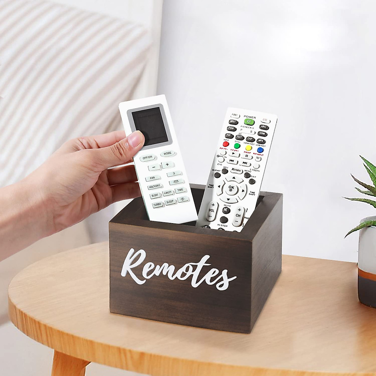 XBelmber Remote Control Holder Caddy, Wooden TV Remote Holder, Remote Organizer for Table, Vintage Farmhouse Desk Caddy, Media Storage Box - Brown