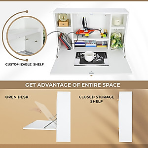 Casa Bonvie Wall Desk - Preassembled - Floating Desk - Wall Mount Stand with Foldable Magnetic Tabletop for Laptop Six Shelves & Drawer, Hanging Space Saver Mounted Table for Home Office & Bedroom