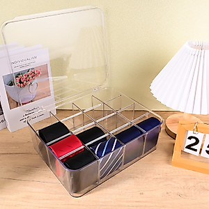 Hiitytin 2Pcs Socks Bra Underwear Drawer Organizer for Closet, Plastic Storage Box with 16 Removable Compartments and Lid, Clear Dresser Drawer Organizer Storage Container with Dividers for Ties Belts