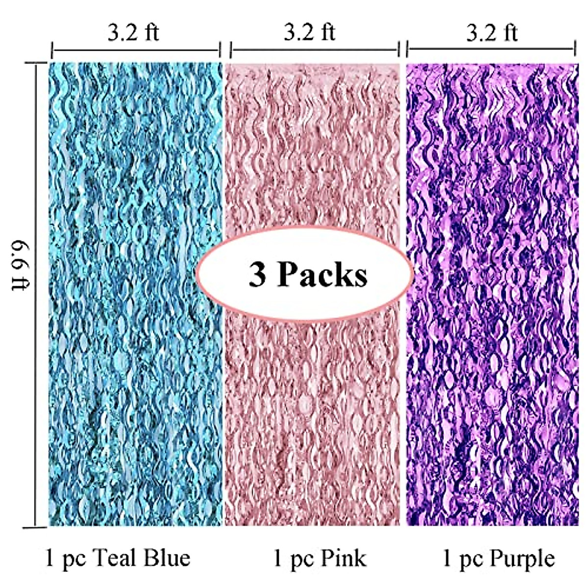 Wavy Tinsel Foil Fringe Curtains 3 Pack Photo Backdrop for Mermaid Birthday Party Decorations(3.2 ft x 6.6 ft,Teal Blue,Pink,Purple)