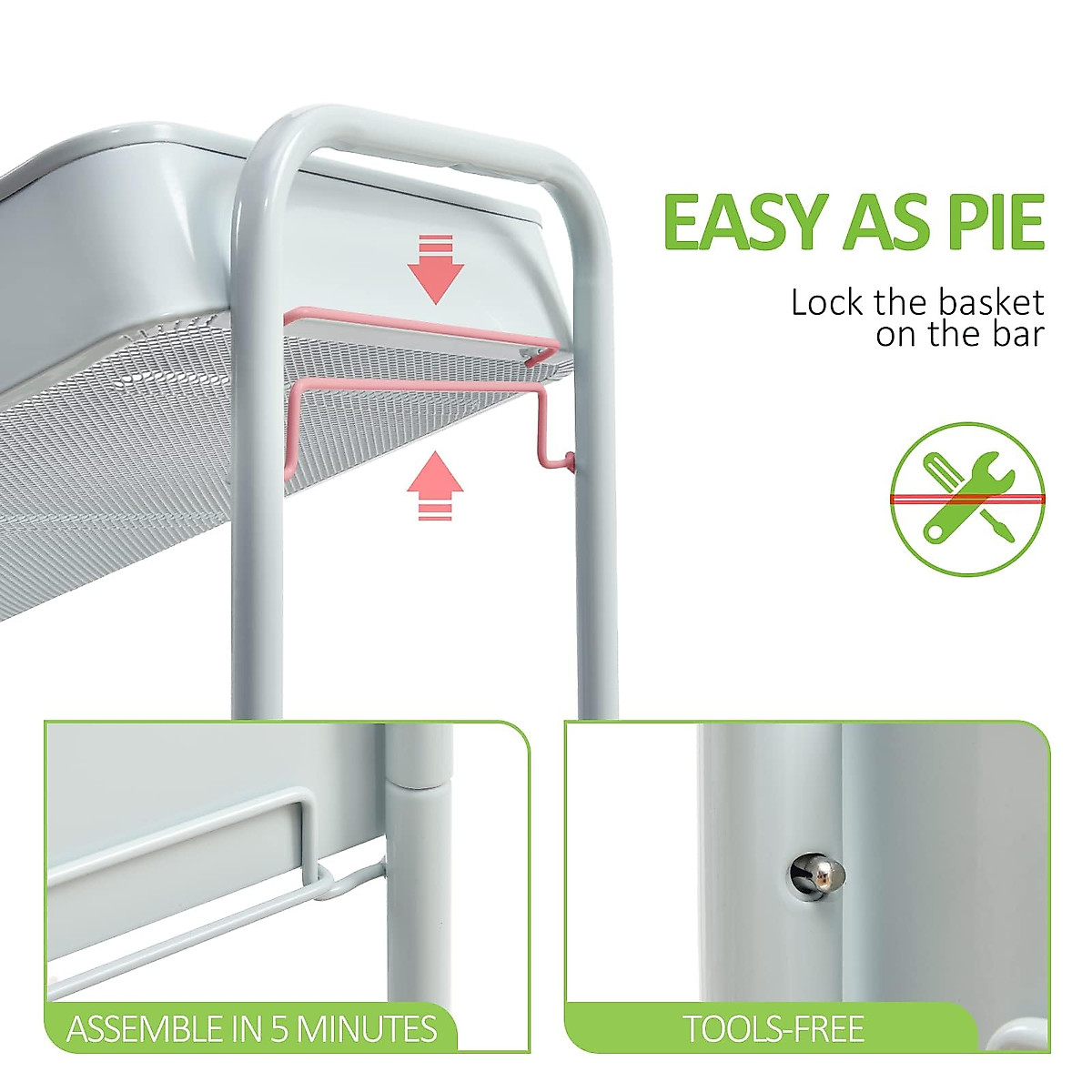 TOOLF 3 Tier Rolling Cart, Metal Utility Cart with Wheels & Wooden Top, Diaper Organizer Cart, Rolling Craft Storage Cart, Serving Trolley Cart for Kitchen, Office, Bathroom, Baby Nursery, Green