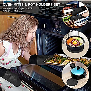 KOHSEN Silicone Oven Mitts and Pot Holders Set, 6 Piece Set with 2 Hot Pads-Heat Resistant to 450℉-Extra Long 15 Inch Professional Silicone Oven Mitts for Grilling Cooking Baking(Black)