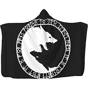 BURNAR Viking 3D Printing Hooded Blanket Warm Soft Yin-Yang Wolf Compass Unisex Winter Wearable Hooded Blanket Double Thick Plush Wool Blanket Cape (Color : Blanket, Size : 50x60in/130x150cm)