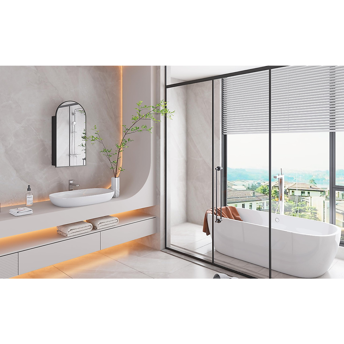 FKWin Arched Medicine Cabinets with Mirror, Bathroom Mirror with Storage, Aluminum Alloy Bathroom Cabinet, 3 Adjustable Shelves Vanity Mirror, Medicine Cabinet Mirror, Not Recessed, 24x36 inch, Black