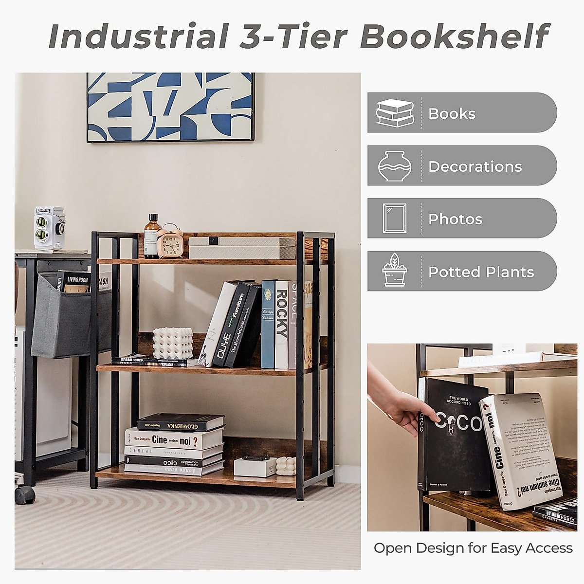 Giantex 3-Tier Bookshelf, Industrial 32" Tall Small Book Shelf with Adjustable Shelves, Adjustable Foot Pads, Anti-Toppling Device, DIY Wooden Floor Open Display Shelving, Bookcase Shelf Rack