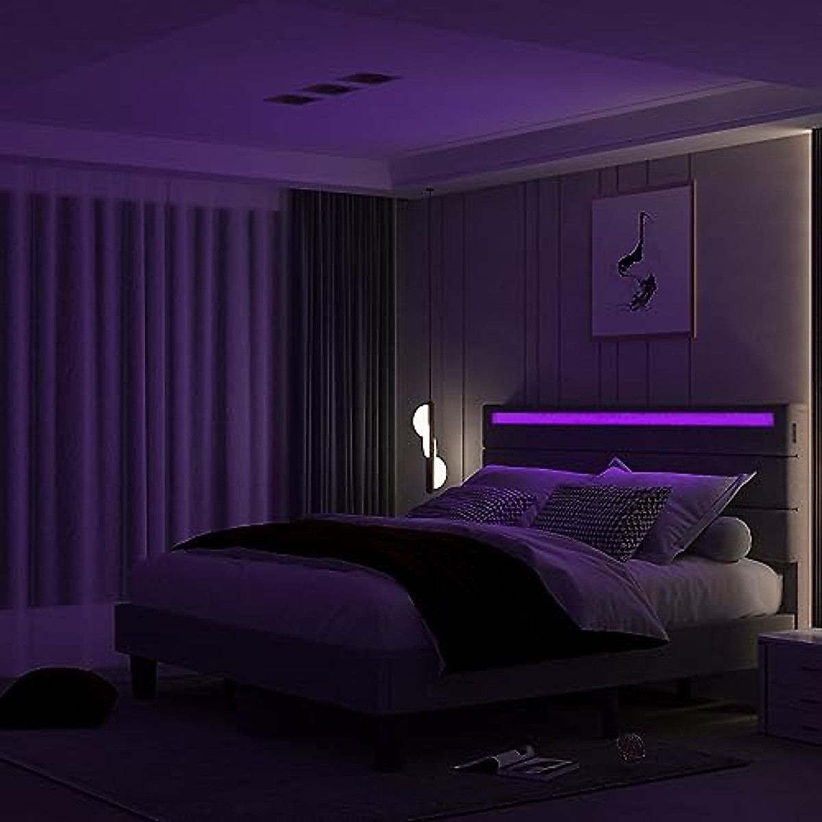 Kallabe Bed Frame Queen Size with Headboard, Upholstered Platform Bed Frame Queen with LED Lights and USB Ports, Linen Fabric Beds with Wooden Slats, No Box Spring Needed, Grey