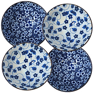 Four Piece Ceramic Donburi Bowl Set, Miso Soup Bowls with Blue and White Floral Designs, Kitchenware Housewarming and Wedding Shower Gifts, 4.75 Inches