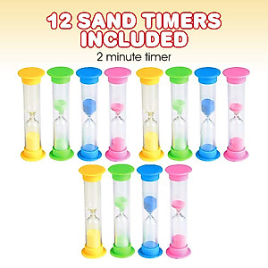 ArtCreativity 2 Minute Colored Sand Timers for Kids - Pack of 12-3.5 Inch Durable PVC Hourglass Timers, Toothbrush and Classroom Visual Timers, Cool Birthday Party Favors and Goodie Bag Fillers