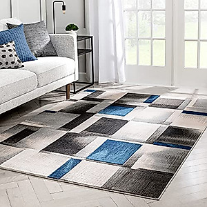 Well Woven Lane Blue Modern Geometric Boxes & Squares Pattern Area Rug 8x10 (7'10" x 10'6")
