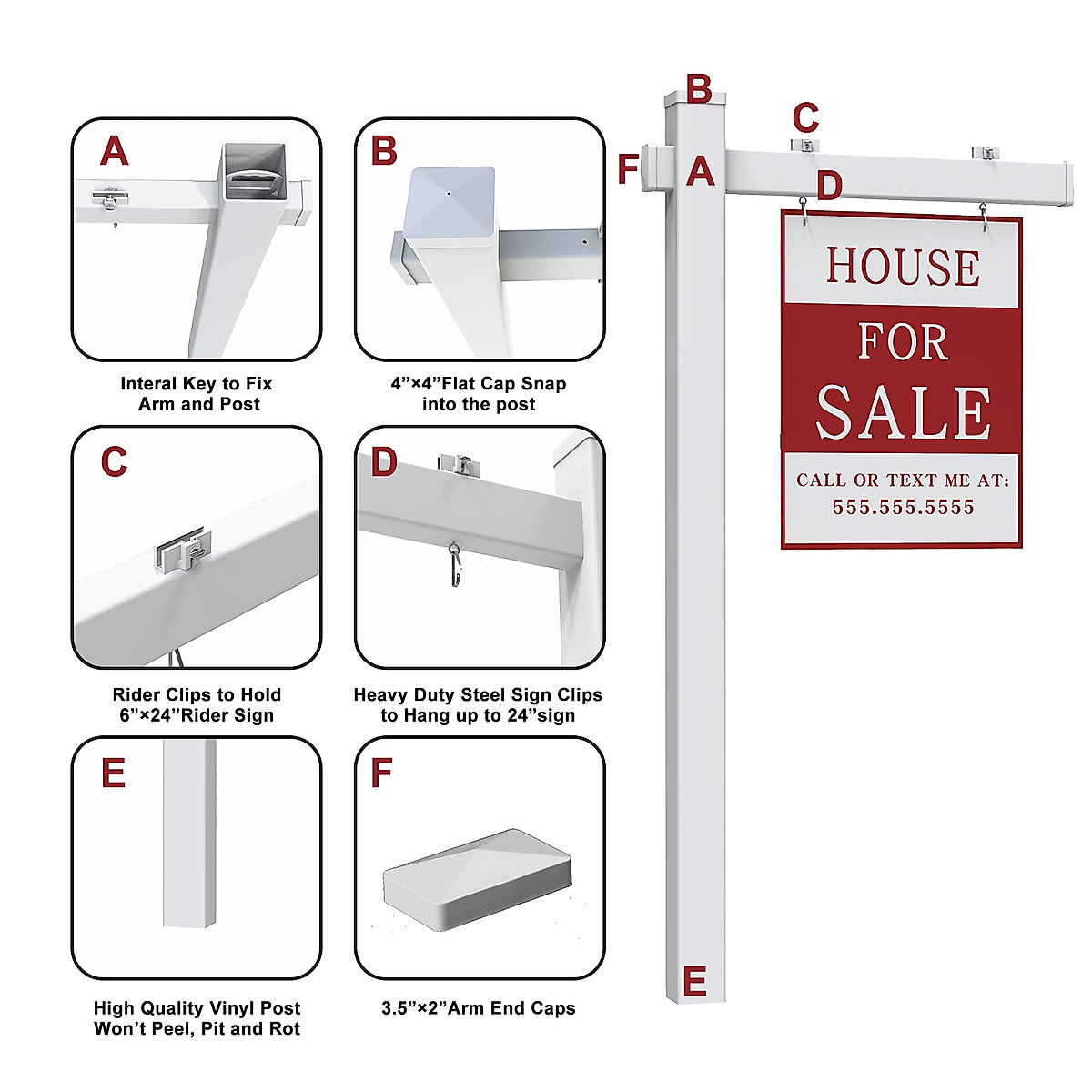 Qikdesign Vinyl PVC Real Estate Sign Post with Flat Cap 6' Tall - Realtor Yard Sign Post - 36" Arm Holds Up to 24" Sign- White (No Sign)