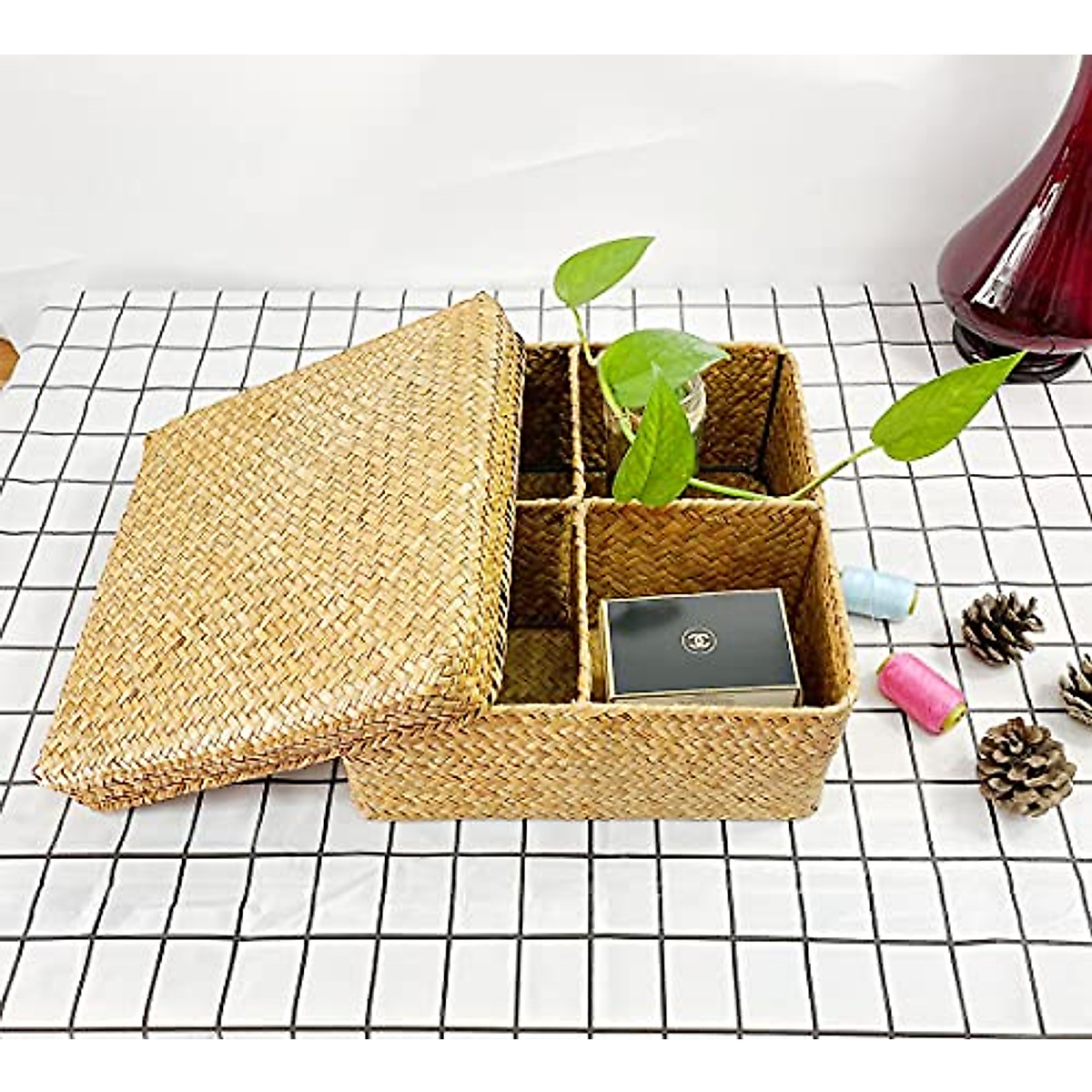 Rectangular Woven Seagrass Storage Basket and Home Organizer Bins,Natural Water Hyacinth Basket (brown, square with lid)