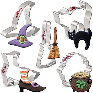 LILIAO Halloween Witch Cookie Cutter Set - 5 Piece - Witch's Hat, Witch's Shoes, Broom, Cauldron and Frightened Cat Biscuit Fondant Cutters - Stainless Steel