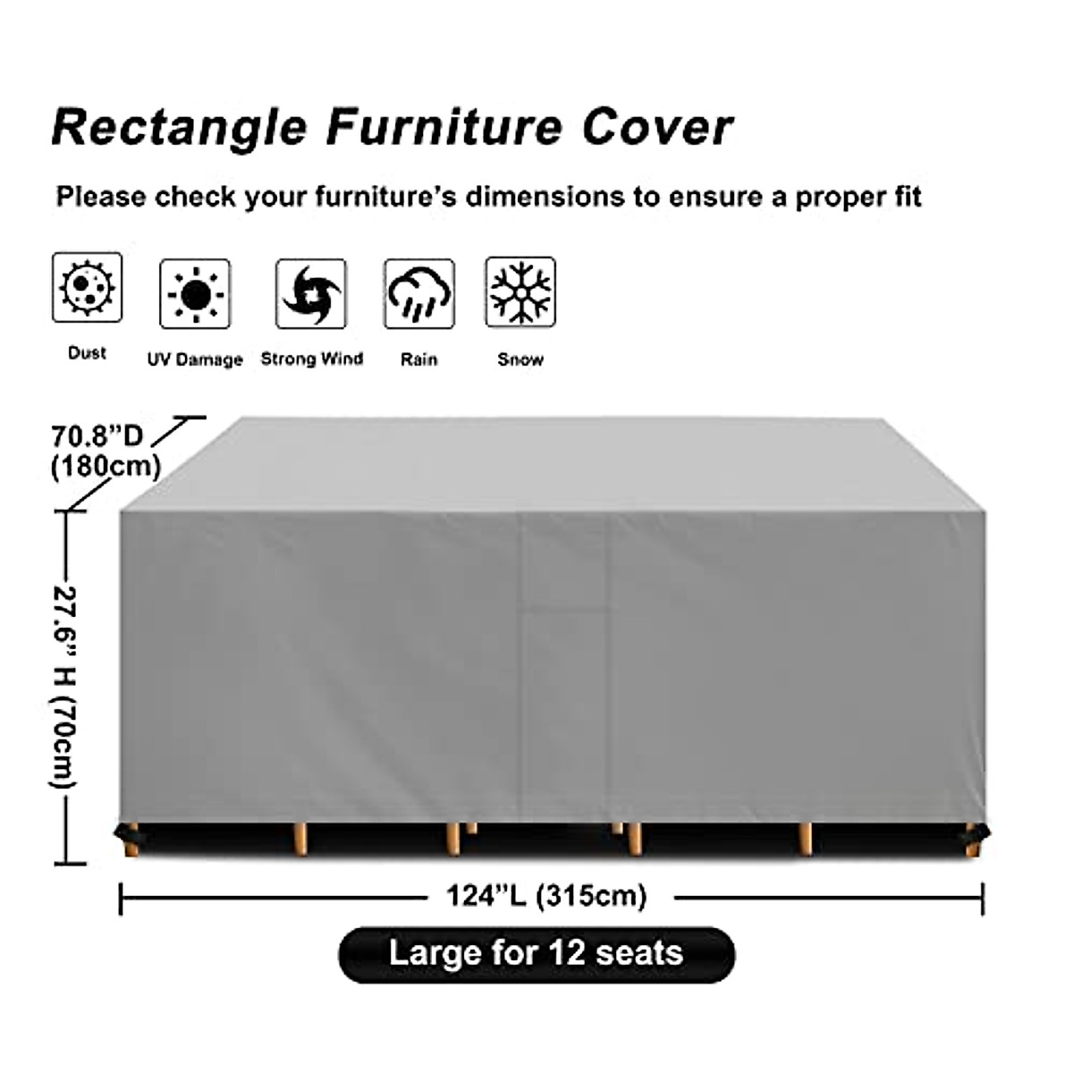 Outdoor Patio Furniture Cover, 420D Heavy Duty Waterproof UV-Resistant Snow Protection Patio Couch Cover for 9-13 Piece Rectangular/Oval Dining Tables, 124" L X 70" W X 27" H