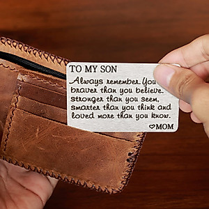PLwelth Son Engraved Wallet Card from Mom Stainless Steel Men Boys Teen Inspirational Message Wallet Insert Card Son Gift Birthday Graduation Christmas Coming of Age Gift