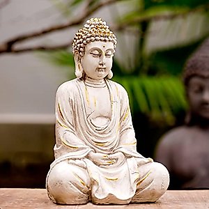 Goodeco 11.4 Meditating Zen Buddha Statue Figurine Sculpture - Indoor/Outdoor Decor for Home,Garden,with Natural Wood Beaded Necklace,Polyresin (White Gold)
