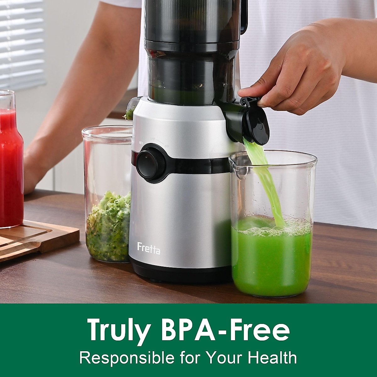 Cold Press Juicer Machines,Fretta Slow Masticating Juicer Machines with 4.25" Large Feed Chute,Fit Whole Fruits & Vegetables Easy Clean Self Feeding,High Juice Yield,BPA Free (Silver)