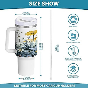 Jihqo Beautiful Wildflowers 40 oz Stainless Steel Vacuum Insulated Tumbler with Handle and Straw Lid Reusable Leakproof Water Bottle Double Wall Travel Mug Coffee Cup, Cupholder Friendly