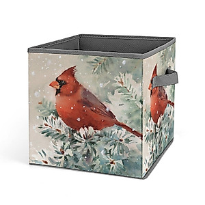GemGam Collapsible Storage Bins for Shelves Clothes Closet Books Merry Christmas Bird Fabric Storage Containers Box with Double Handles Decorative 11 Inch Watercolor Winter Snow