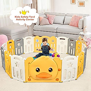 HONEY JOY Baby Play Yard, 16 Panel Psyduck Foldable Baby Gate Playpen, Anti-Slip Rubber Base & Suction, Indoor Safety Baby Fence for The House, Extra Large Anti-Fall Play Pen for Toddler