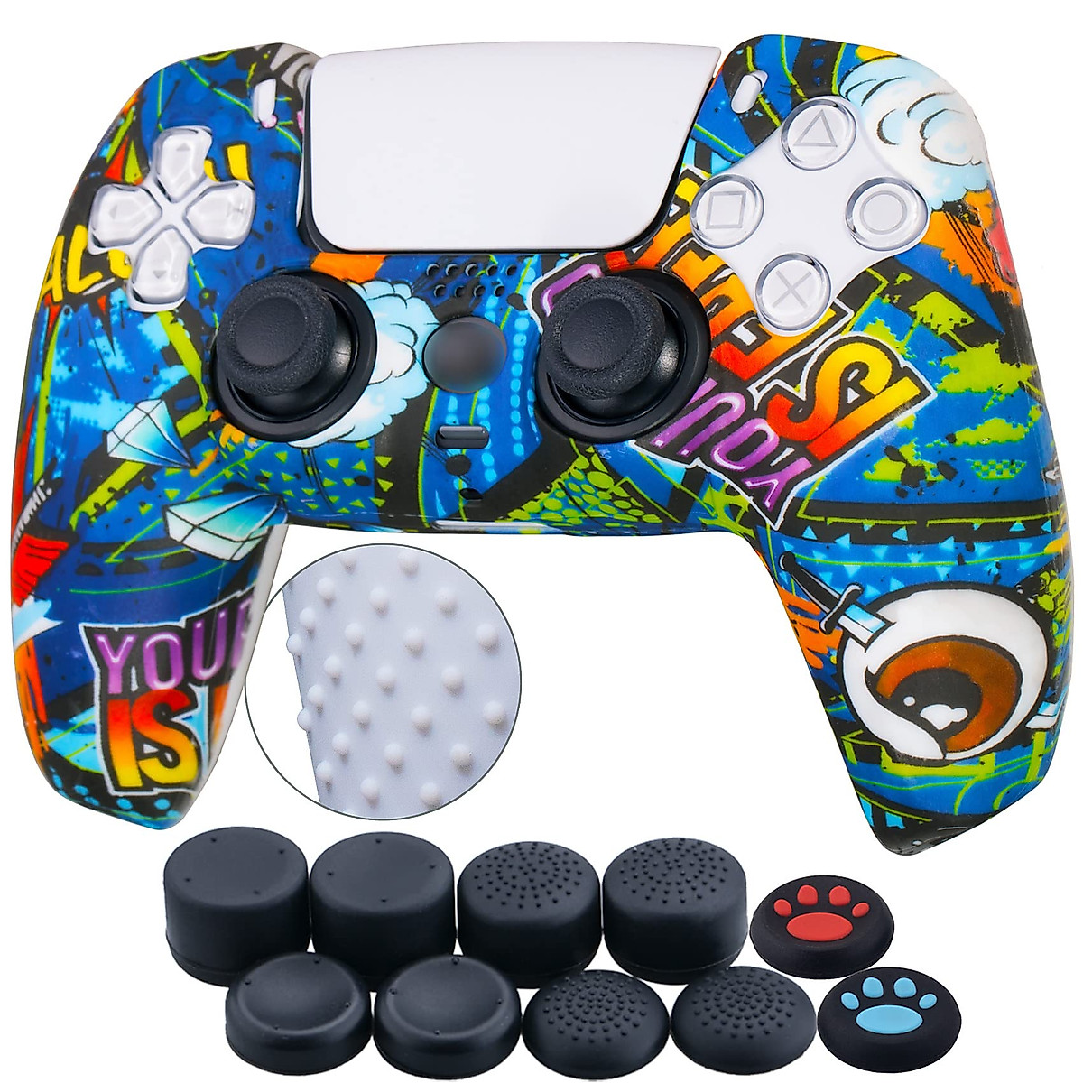 YoRHa Water Transfer Printing Silicone Thickened Cover Skin Case for PS5 Controller x 1(Blue Graffiti) with Thumb Grips x 10