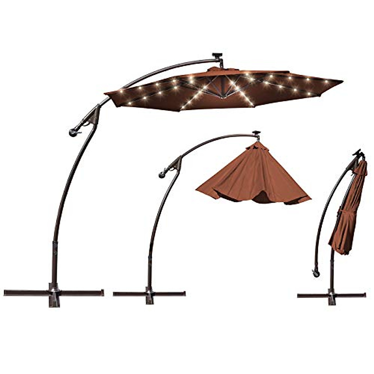 Strong Camel 9' Cantilever 40 Led Light Patio Umbrella Outdoor Garden Aluminium Market (Brown)