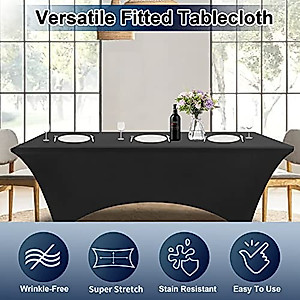 PureFit Spandex Black Table Covers 6ft Fitted Table Clothes for 6 Foot Rectangle Tables, Elastic Massage Table Cover, Stretch Wrinkle Free Tablecloth for Party, Wedding, Birthday, Vendor Stand, 2 Pack