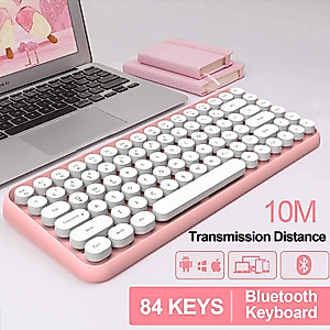 FELICON Wireless Bluetooth Keyboard, Mini Portable 84-Key Typewriter Retro Round Keycaps Keyboard,Compatible with Android, Windows, PC, Tablet-Dark, Perfer for Home and Office Keyboards(Pink)